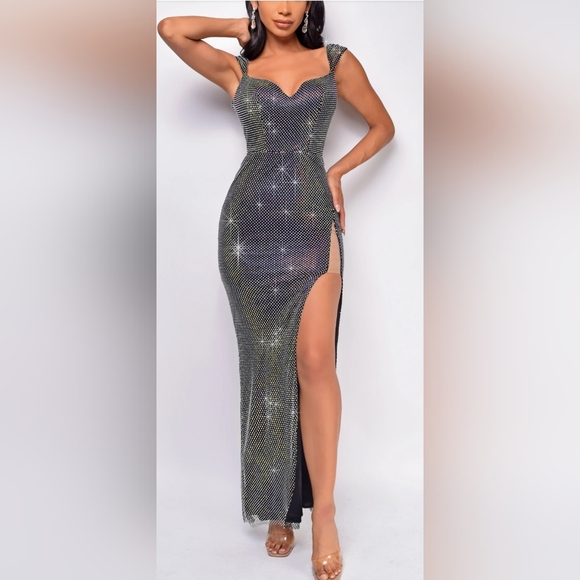 Dresses | Black Embellished Side Slit Maxi Dress | Poshmark